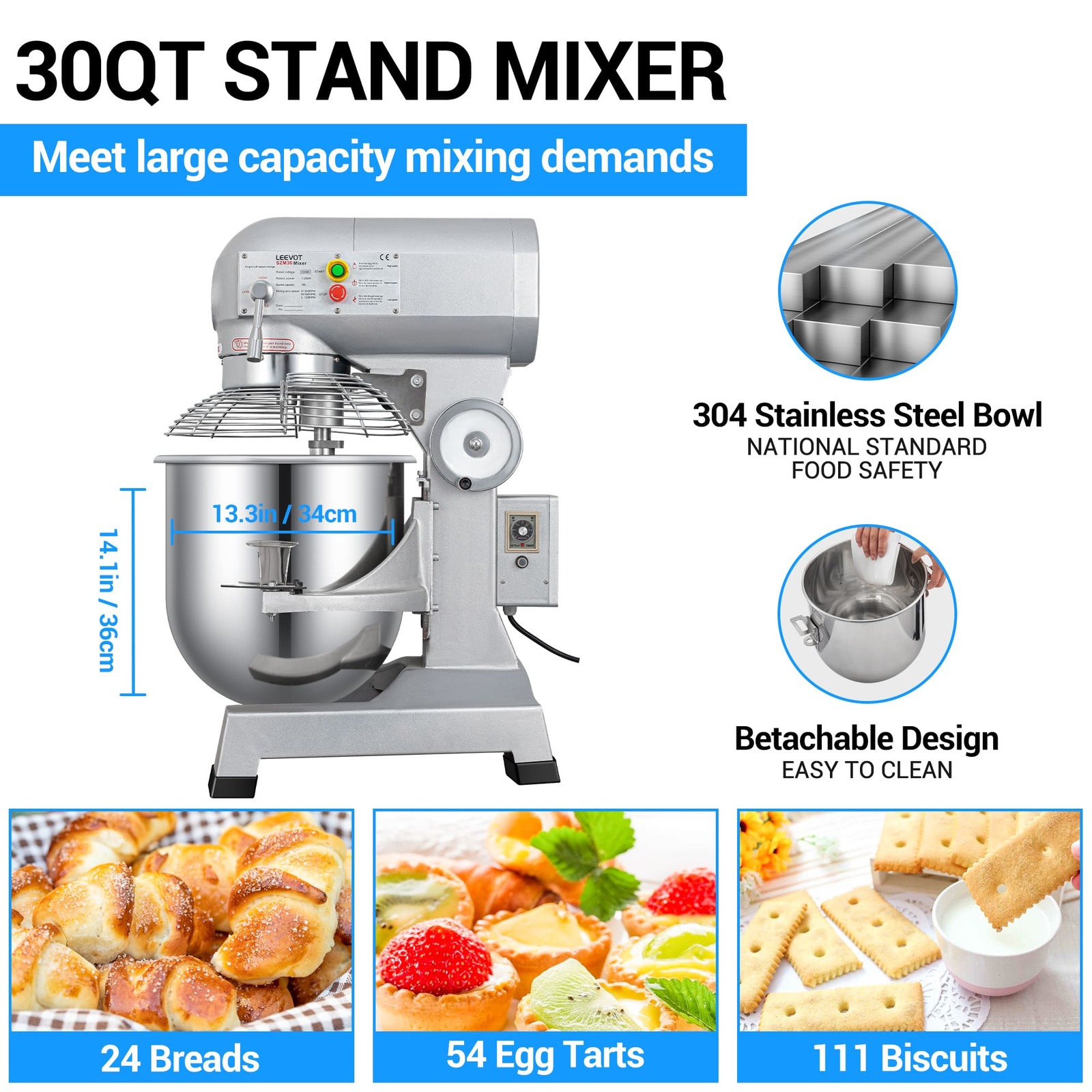 Leevot 30Qt. Planetary Floor Mixer - Precision Timing, 1250W Power, Heavy Duty Electric Stand ...
